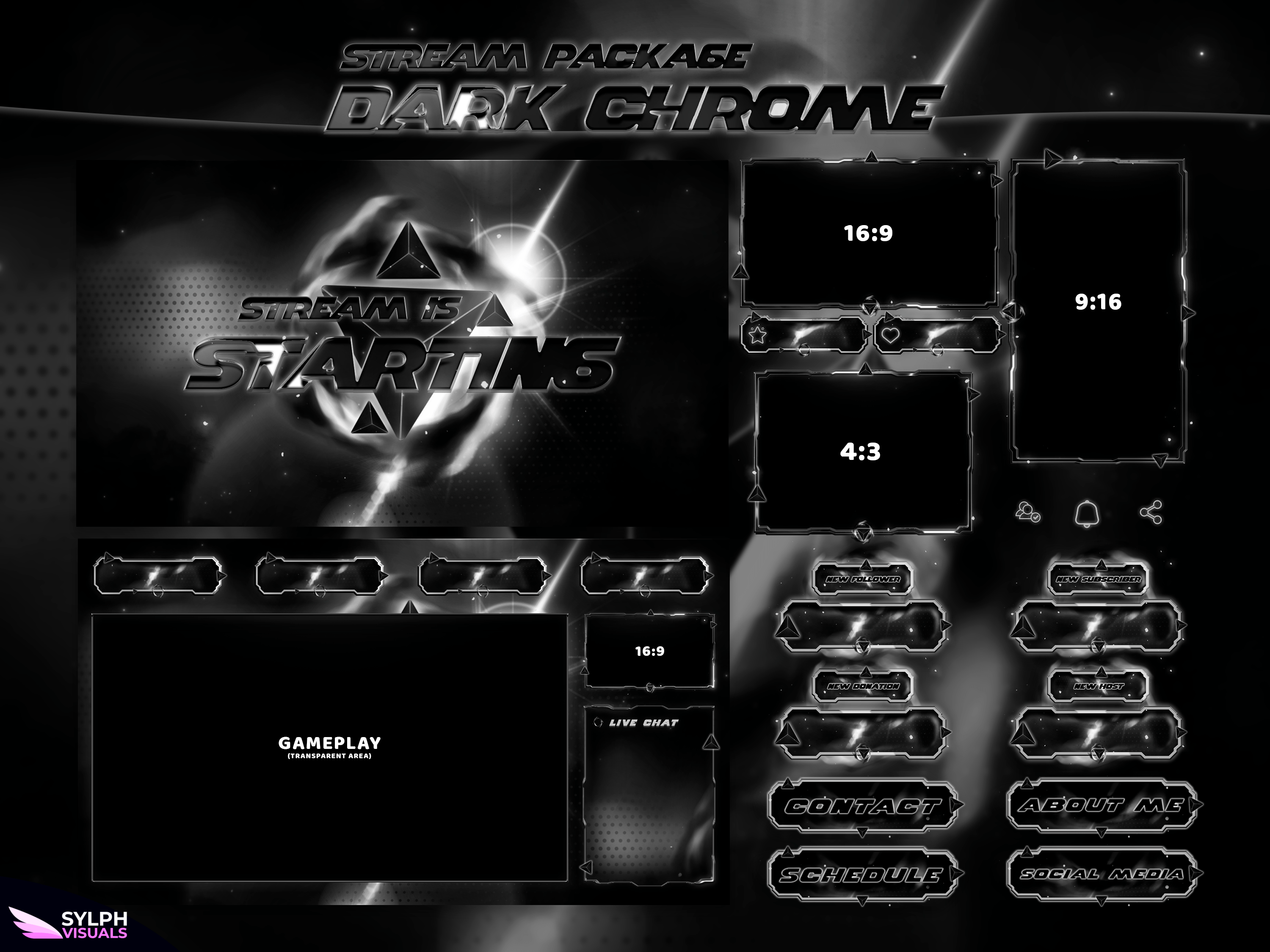 Dark Chrome Stream Overlay Package - SylphVisuals